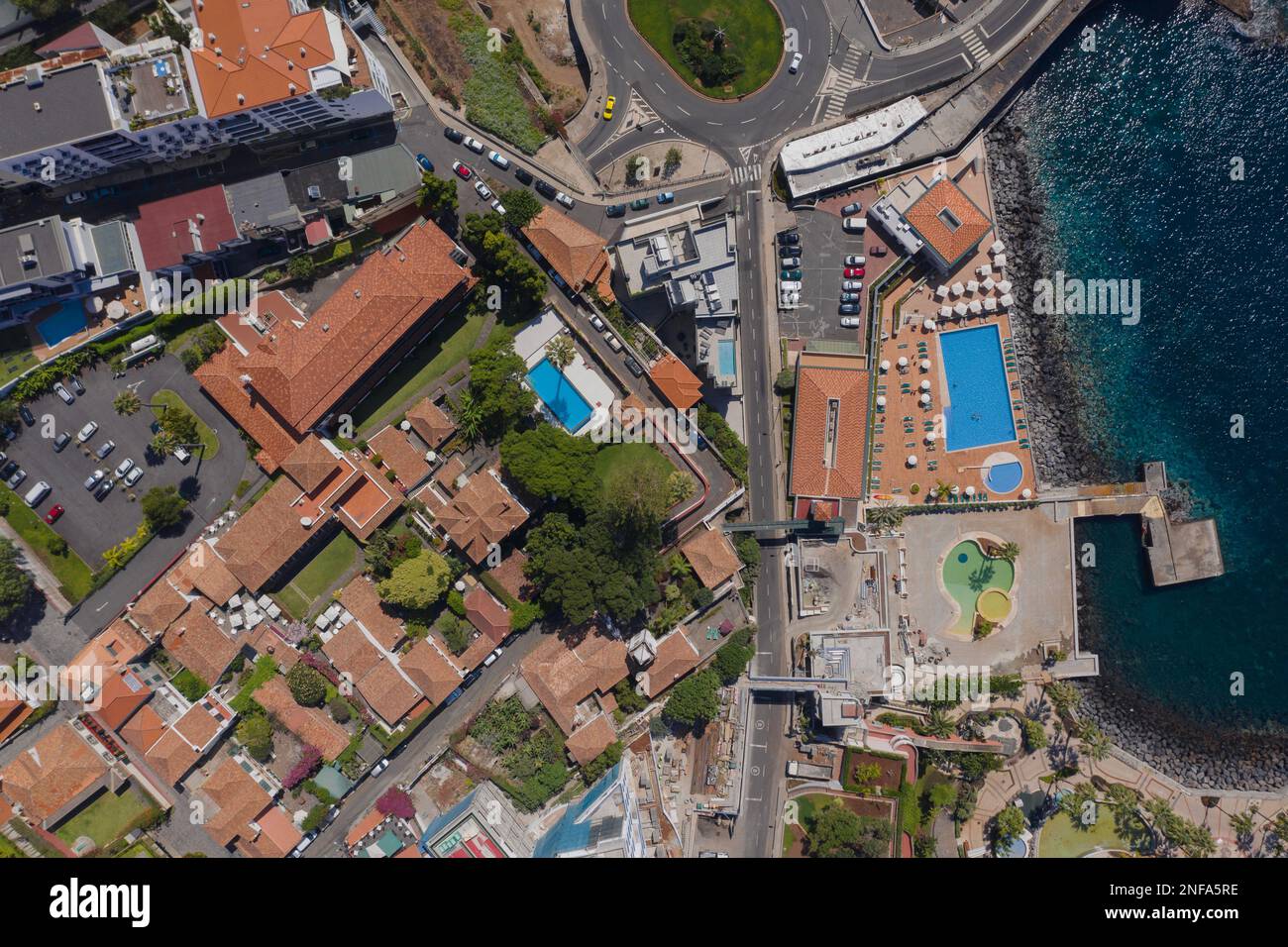 Aerial top view of Funchal bay, R. Carvalho Araujo, Rotunda do Porto ...