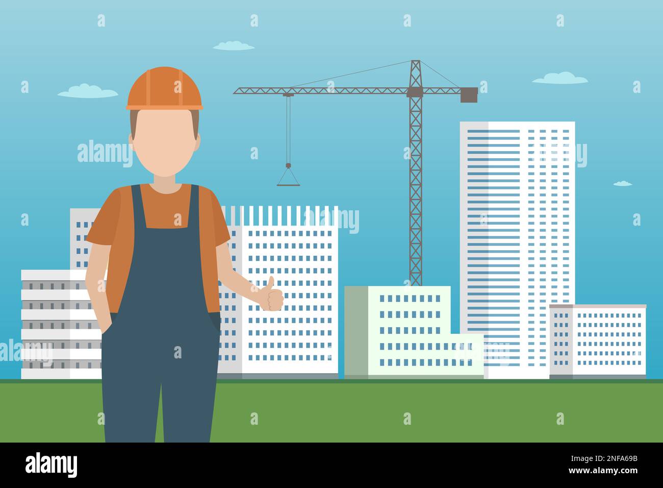 Builder showing thumbs up on construction site background. Vector Stock ...