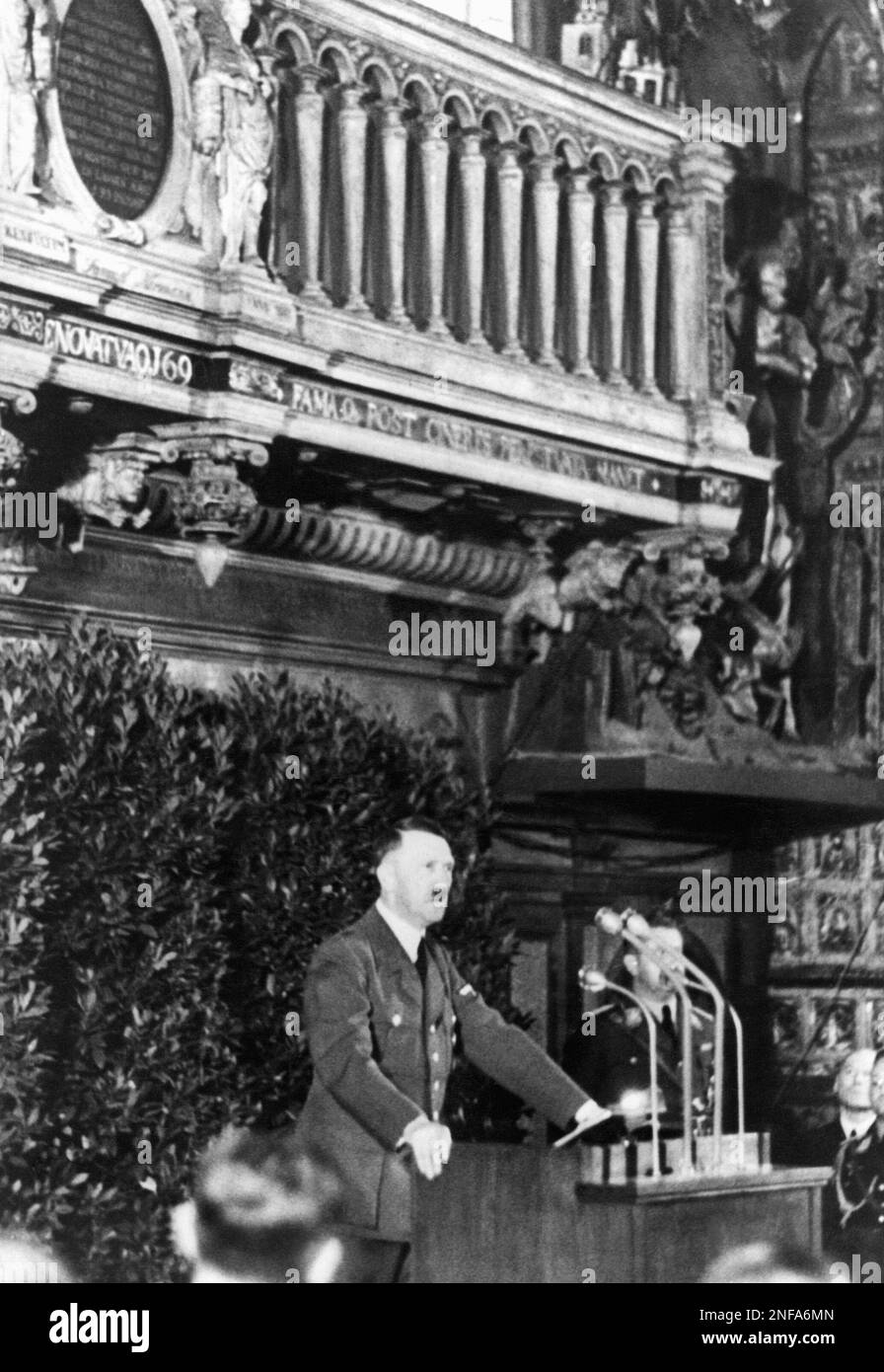 Adolf Hitler is shown during his address at the medieval Artushof of ...