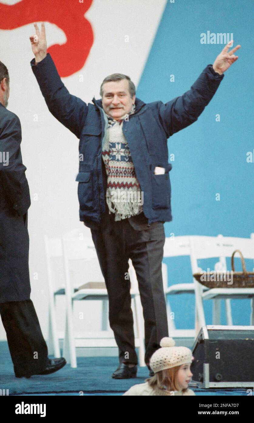 Polish Solidarity leader Lech Walesa gives the victory sign as he ...