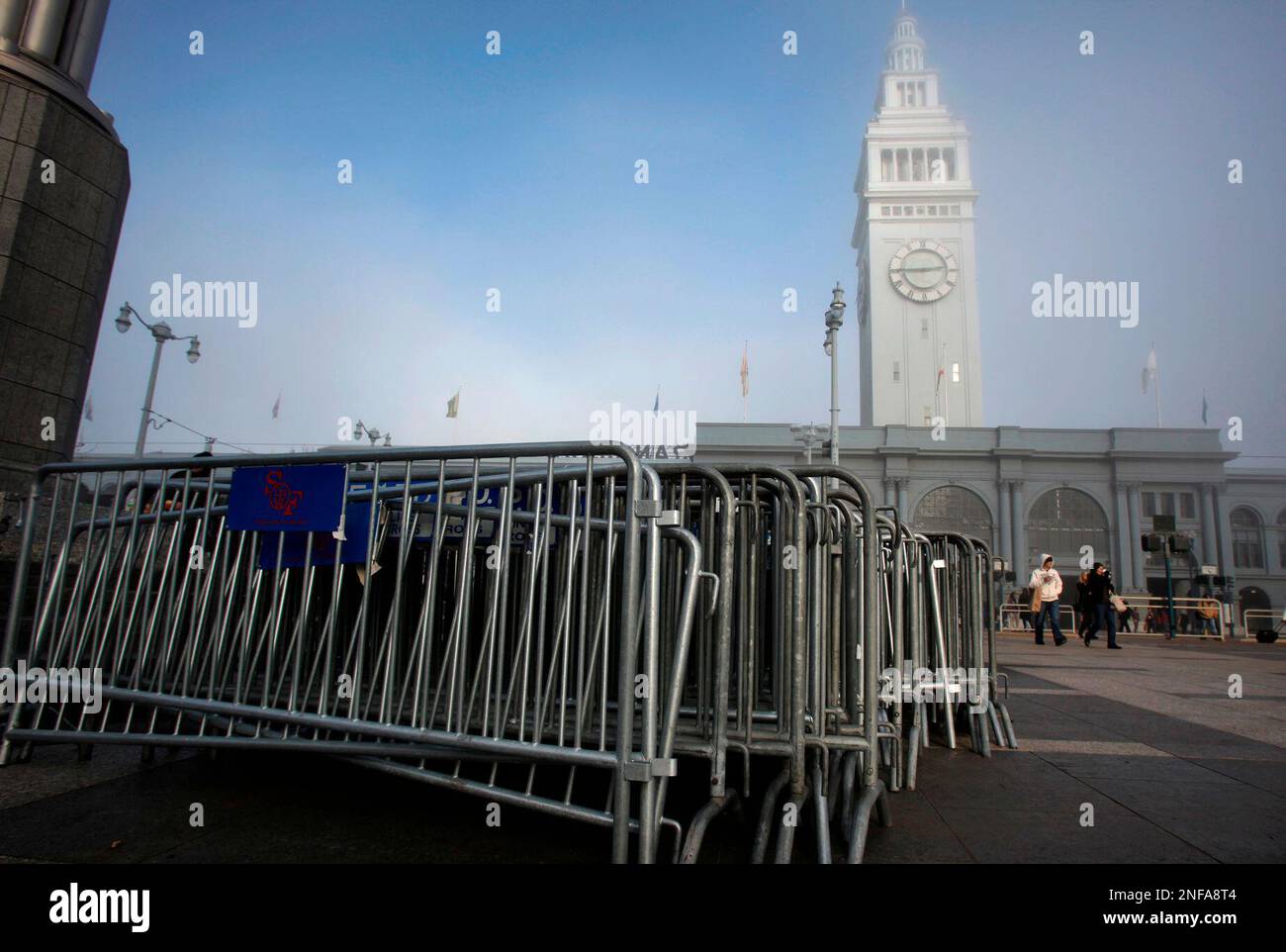 Police barricades are shown near the Ferry building along the ...