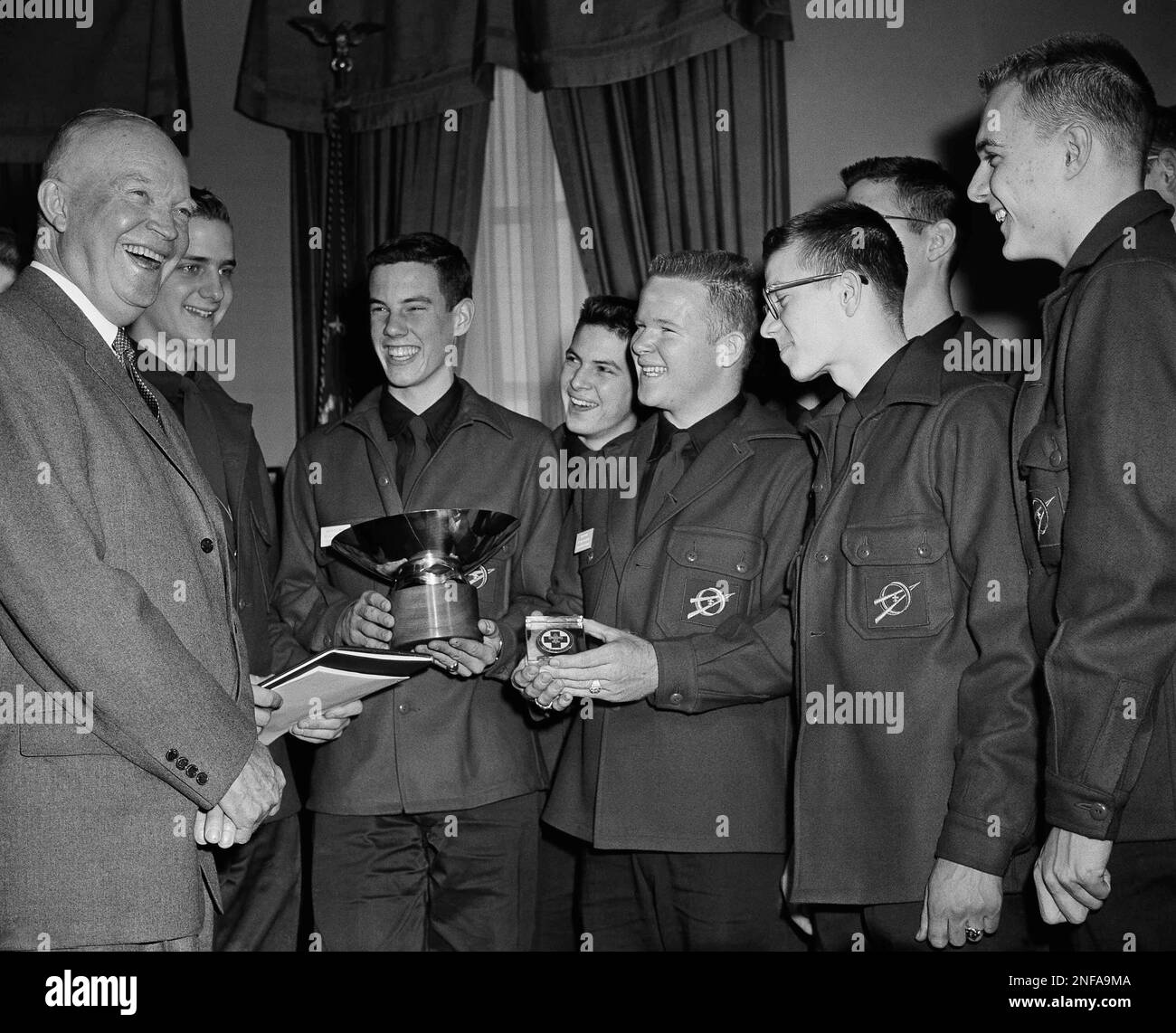 President Dwight Eisenhower shares a laugh with a group of visiting Boy ...