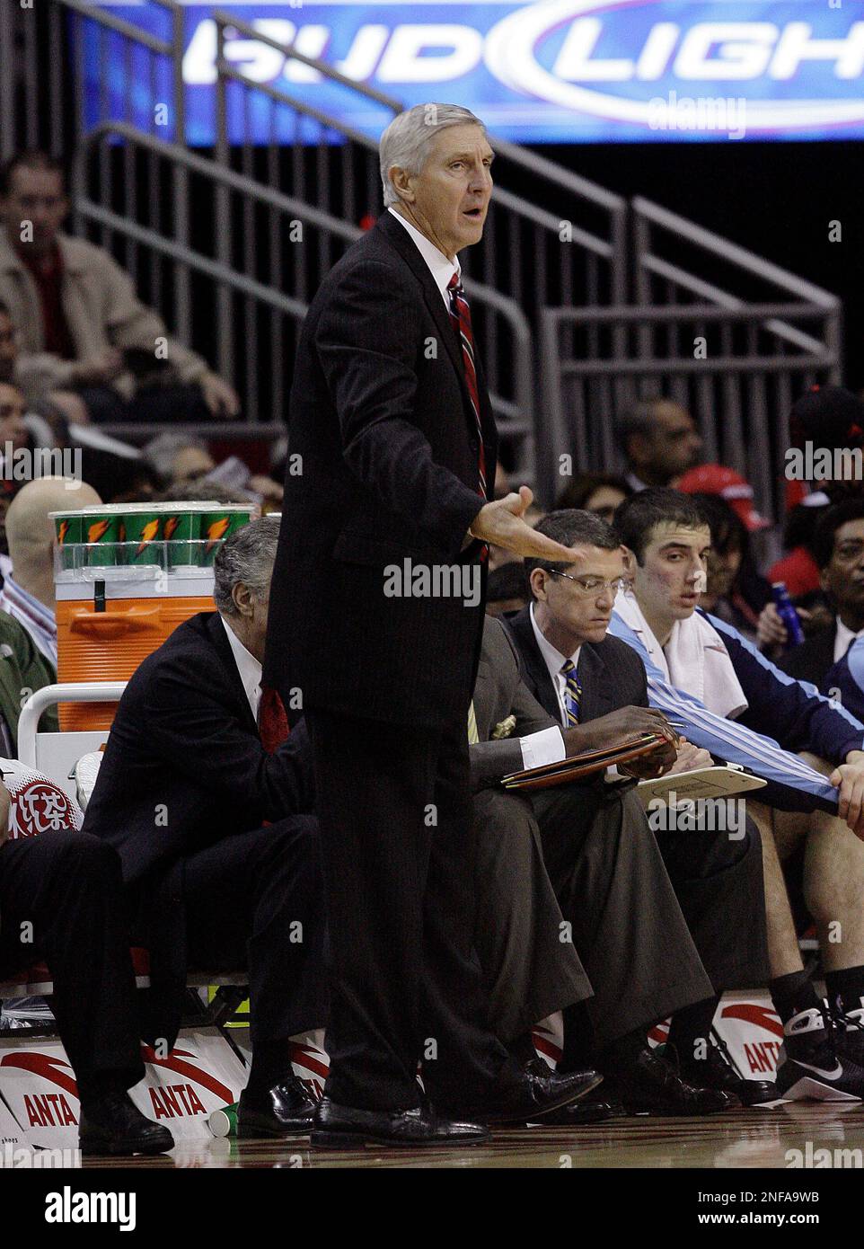 Utah Jazz head coach Jerry Sloan questions an officials call in the ...
