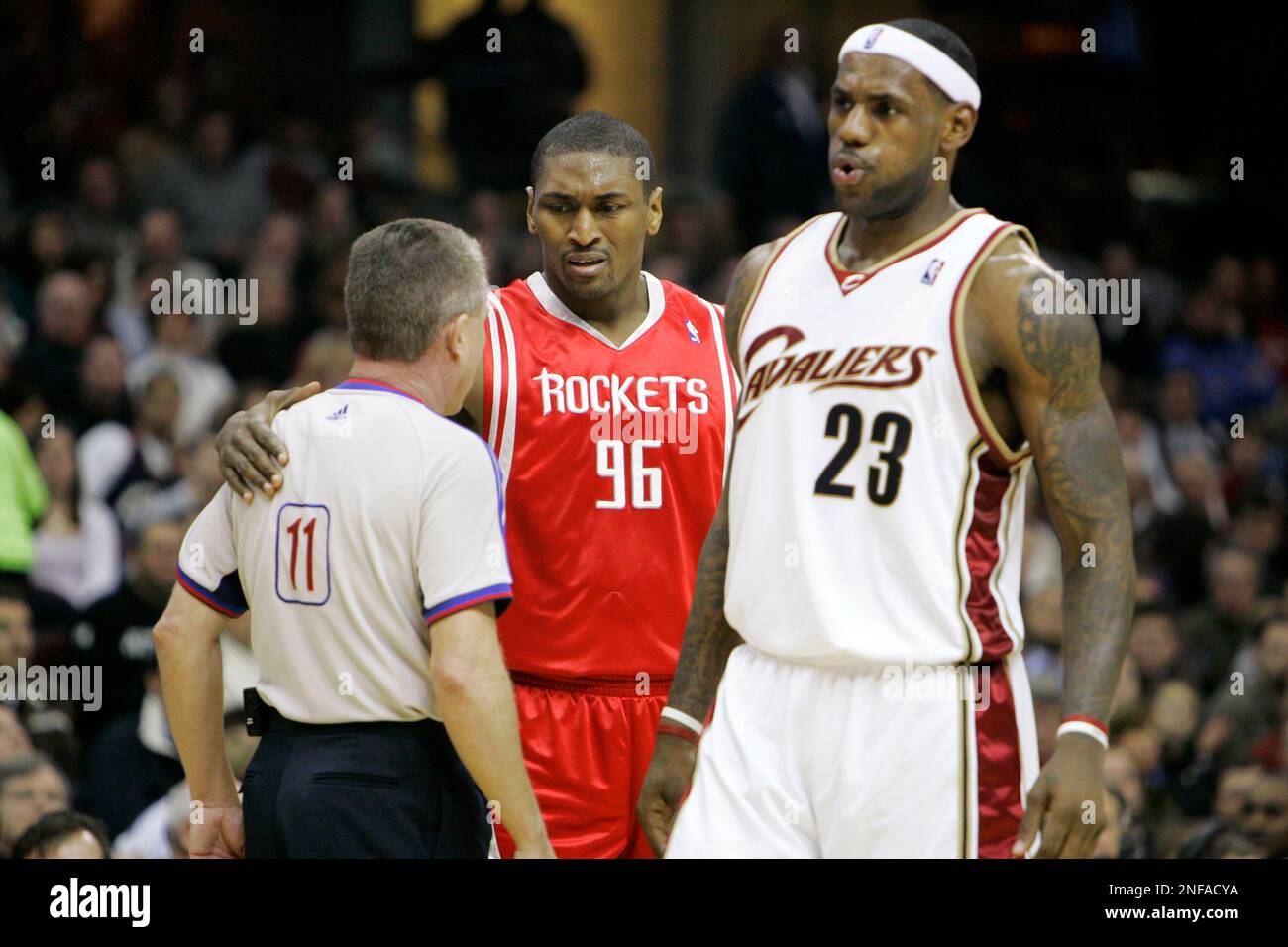 Houston Rockets' Ron Artest (96) talks to referee Phil Robinson (11 ...