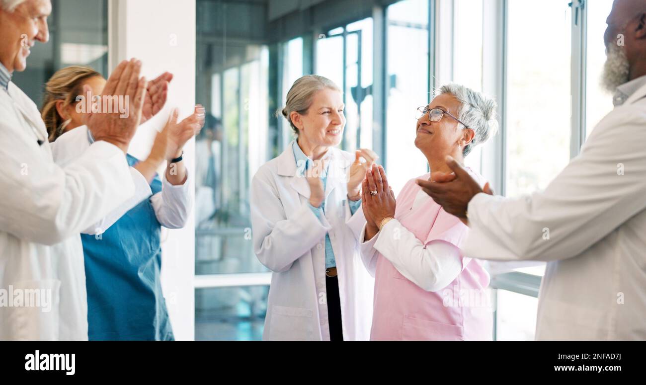 Doctor, nurse and team applause in celebration for healthcare ...