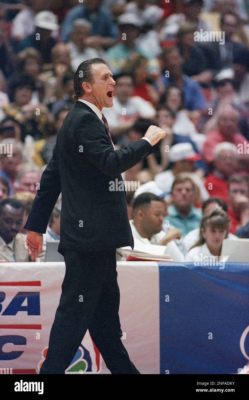 New York Knicks coach Pat Riley directs his team during the first ...