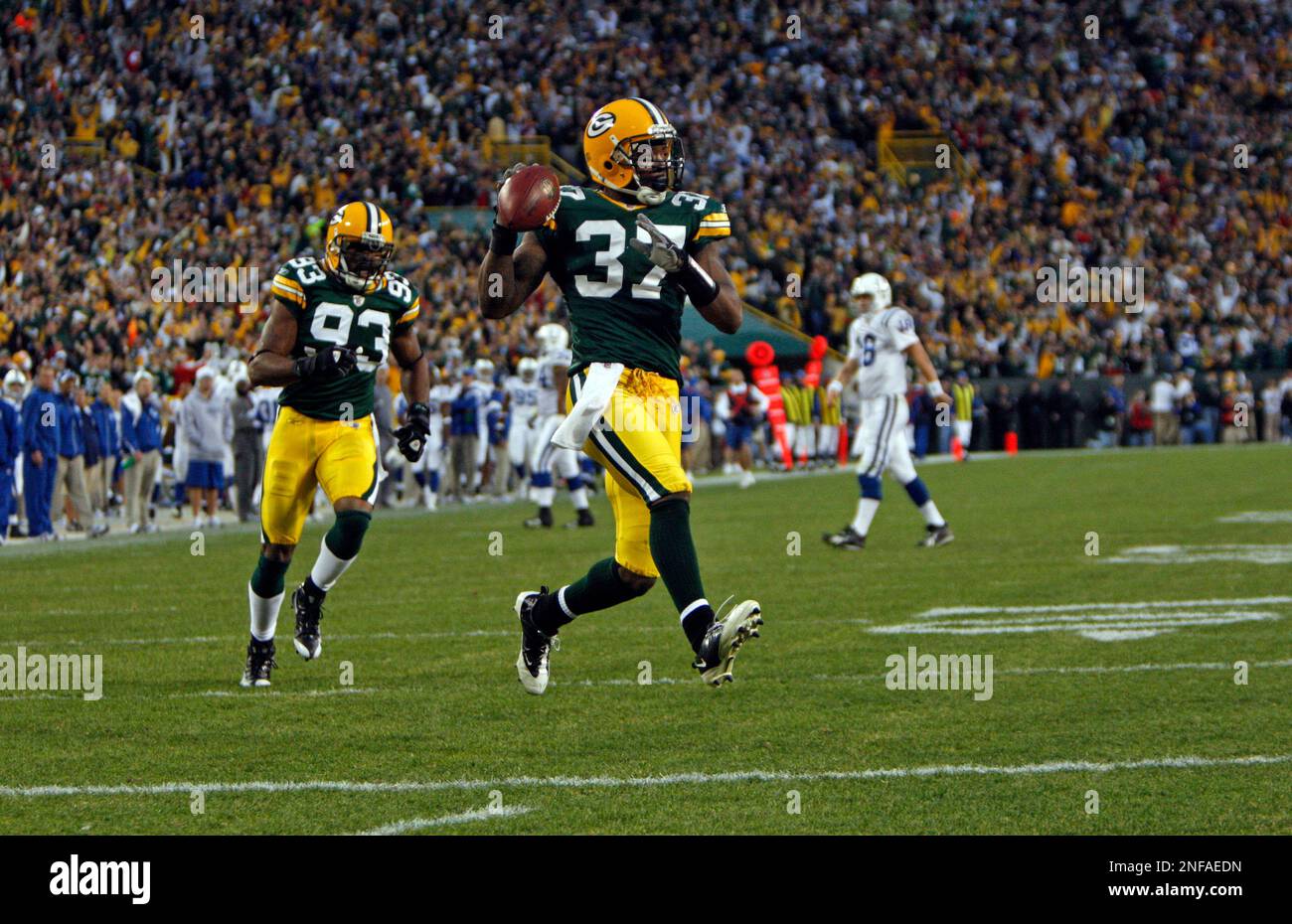 Green Bay Packers Aaron Rouse #37 after a 99-yard INT return for a TD ...