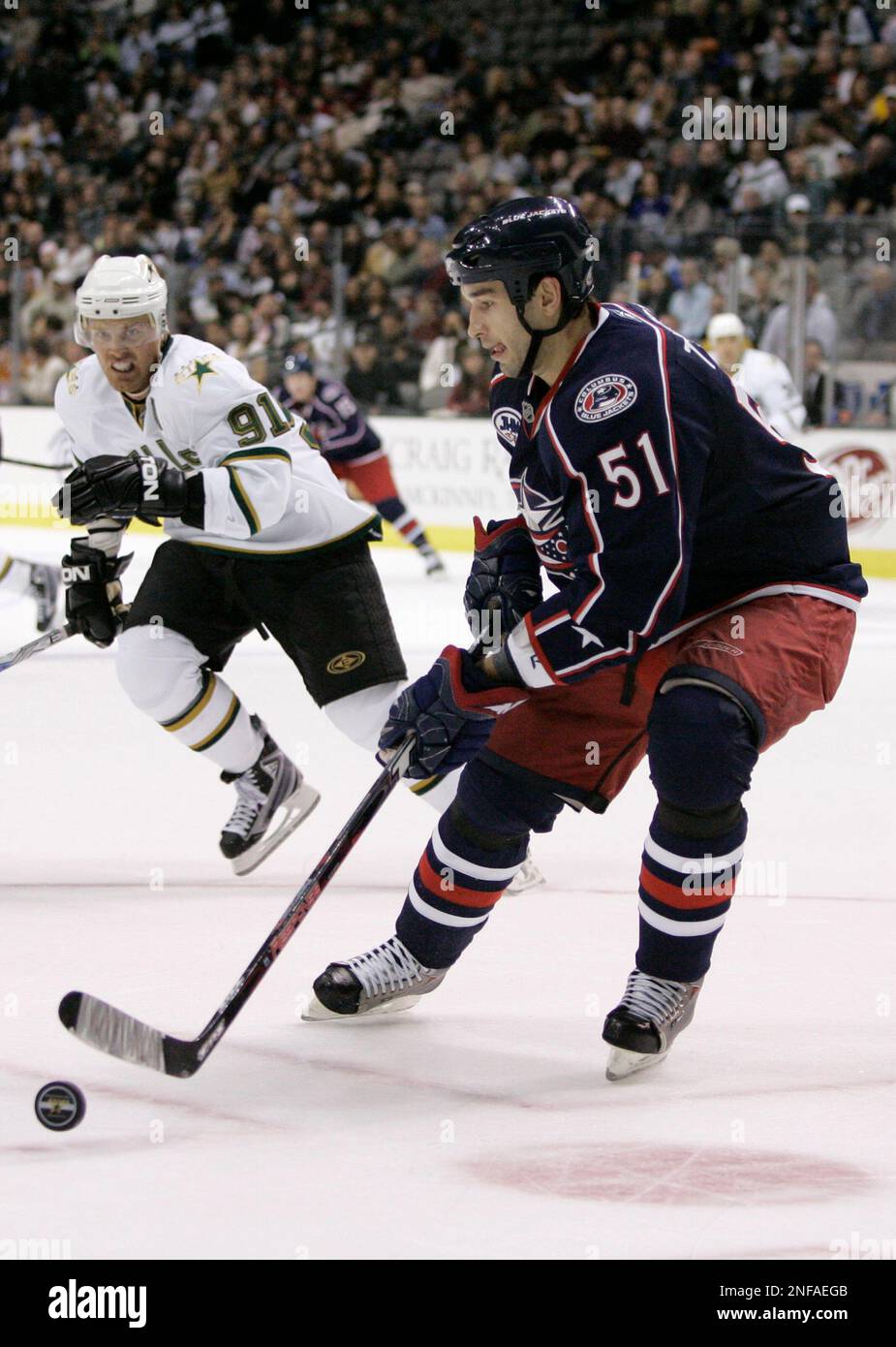 Columbus Blue Jackets defenseman Fedor Tyutin (51) of Russia controls ...