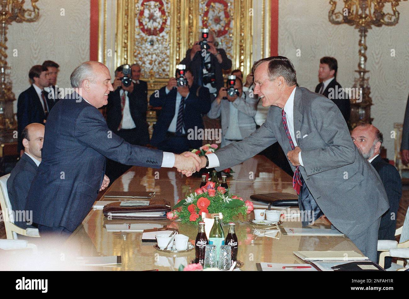 U.S. President George H. Bush, right, and Soviet President Mikhail ...