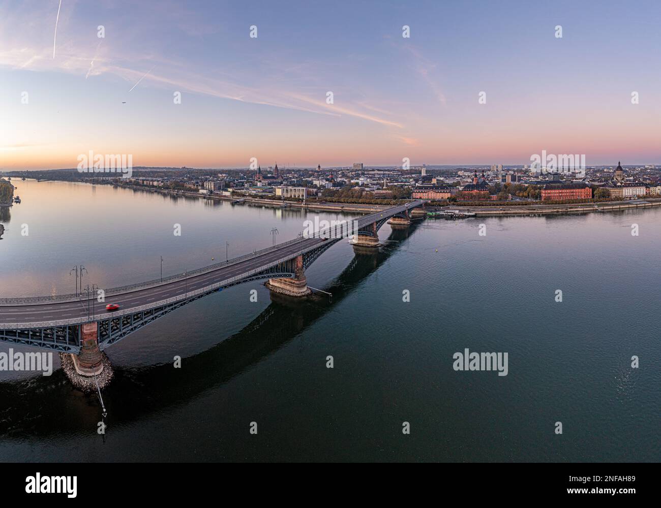 Drone panorama on the Rhine over the Theodor-Heuss bridge on the Mainz ...