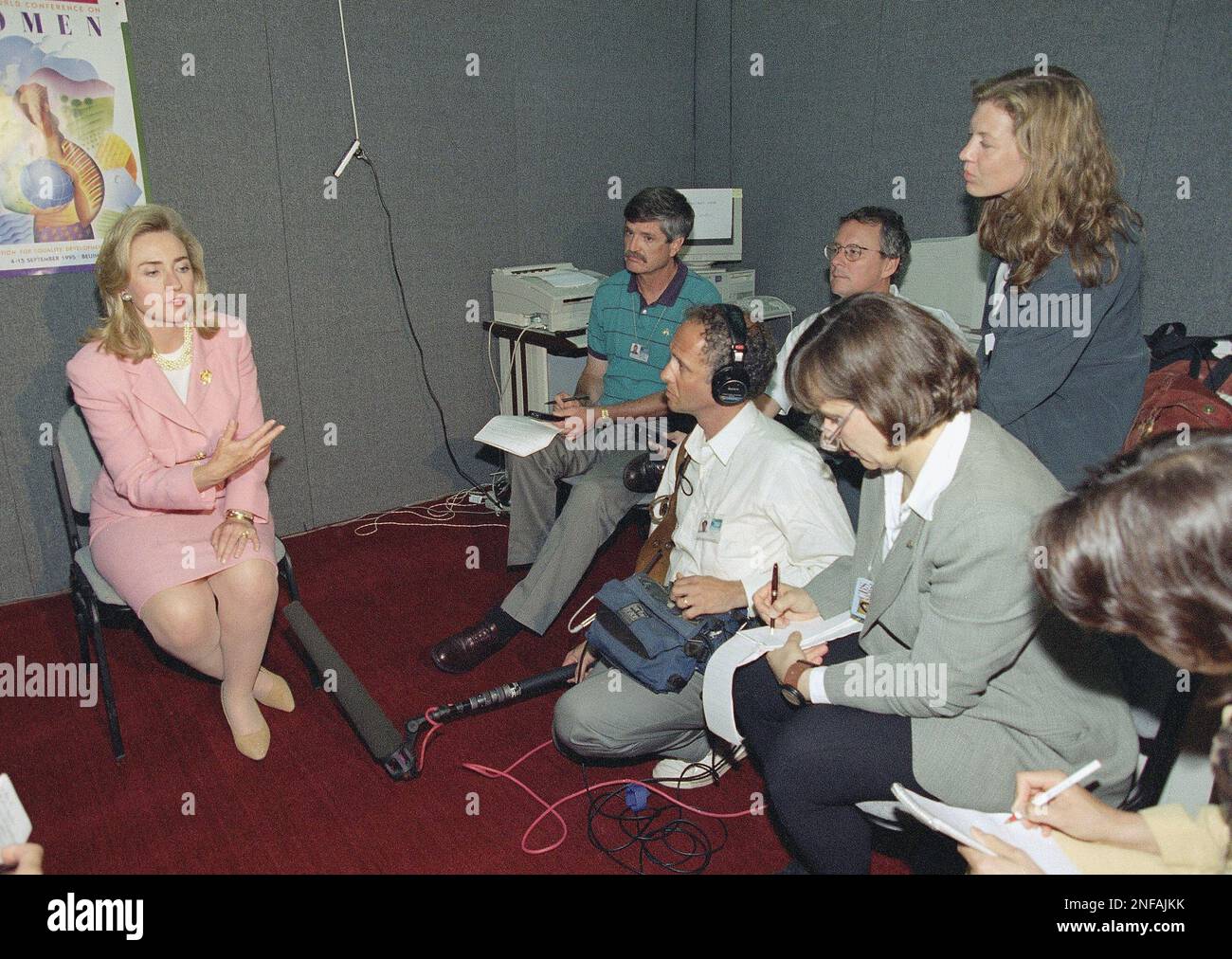 First lady Hillary Rodham Clinton speaks with journalists after her ...