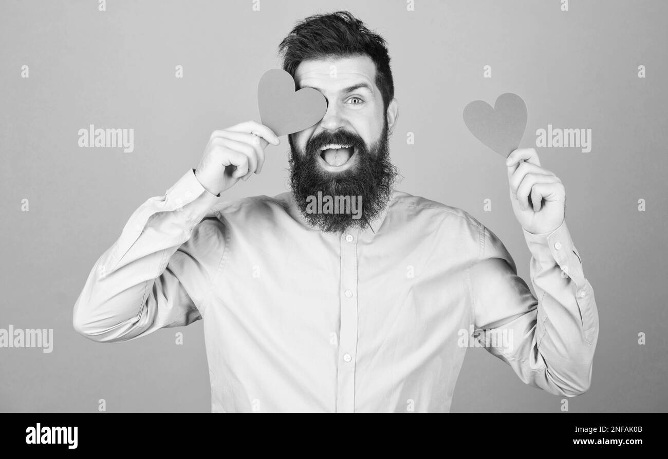Happy in love. Falling in love. Man bearded hipster with heart ...