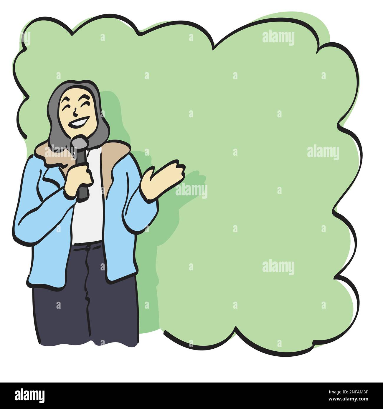 woman speaking through microphone presenting green blank space ...