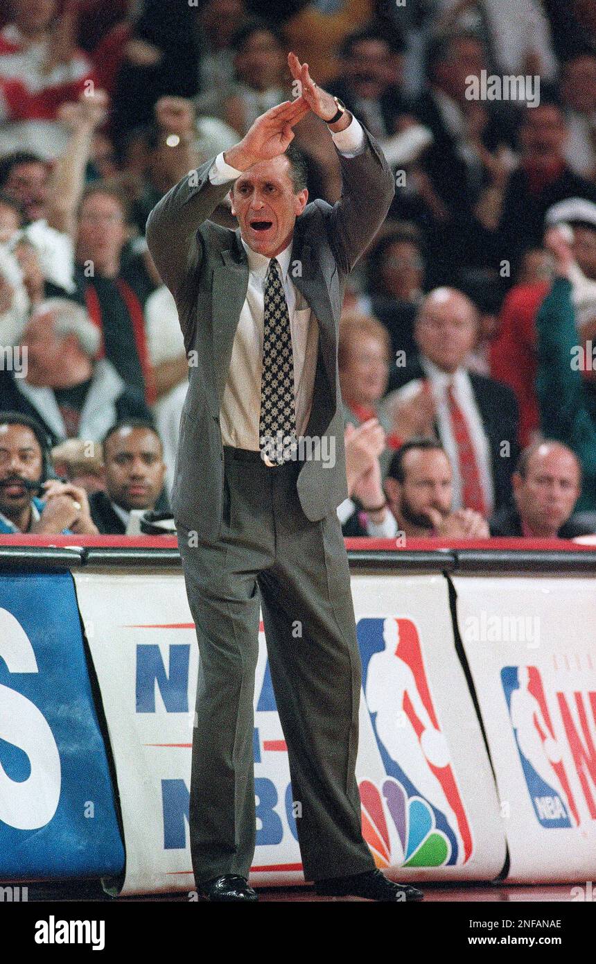 New York Knicks coach Pat Riley screams for a time out during the first ...