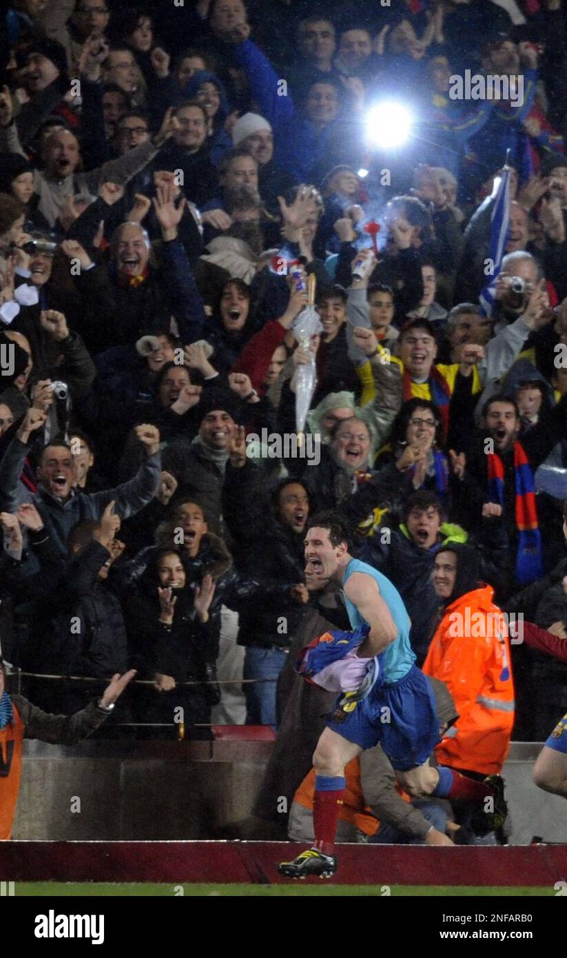 FC Barcelona's Lionel Messi, from Argentina, reacts after scoring ...