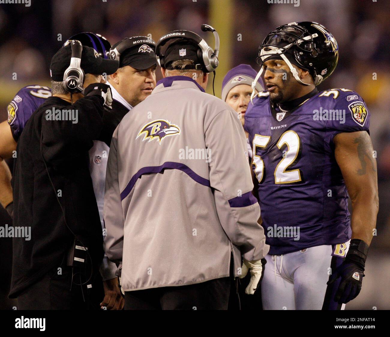Baltimore Ravens linebacker Ray Lewis (52) talks with coaches during a ...