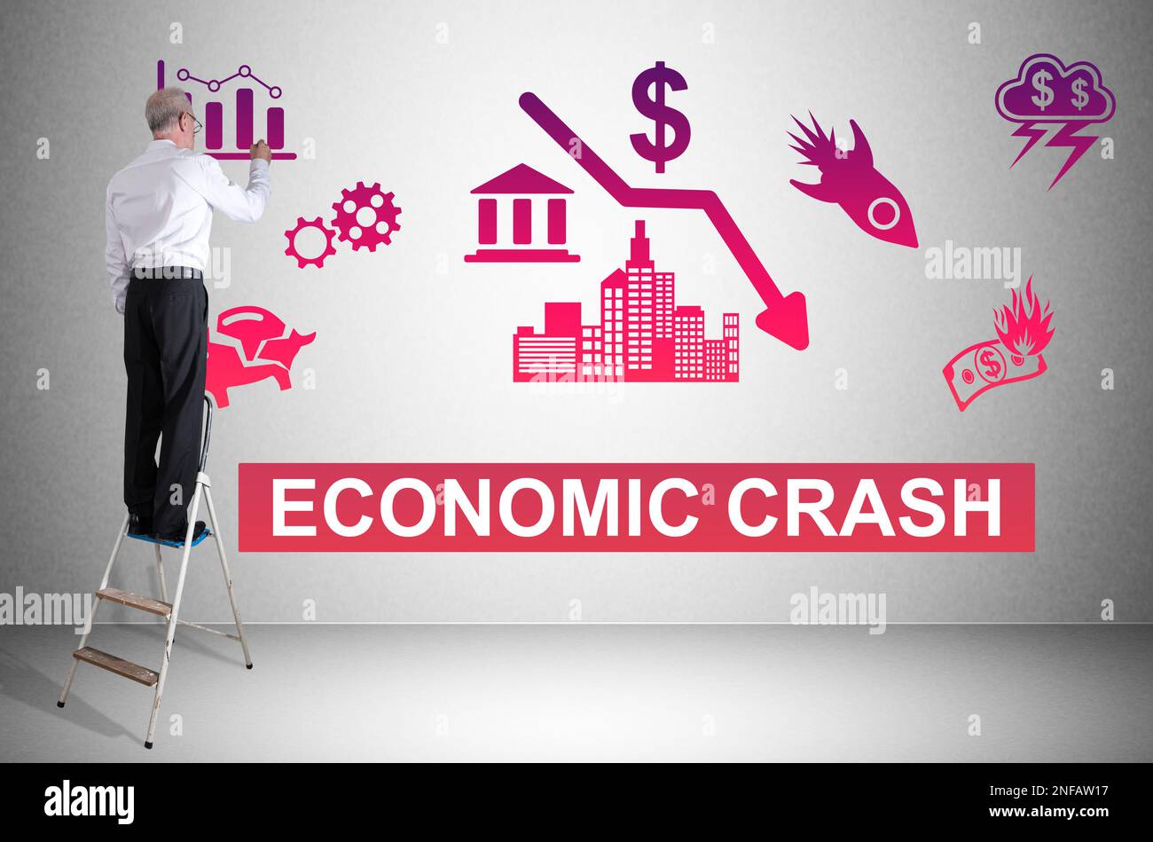 Man on a ladder drawing economic crash concept on a wall Stock Photo ...