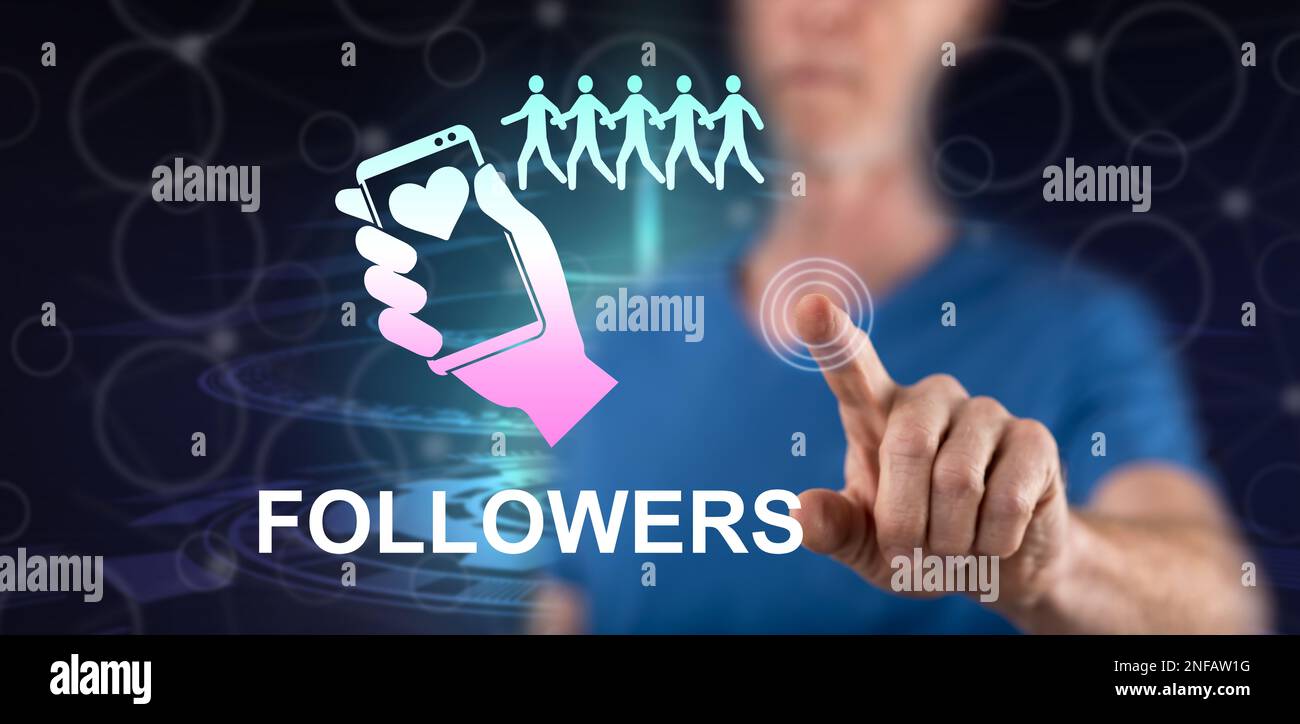Man touching a followers concept on a touch screen with his finger ...