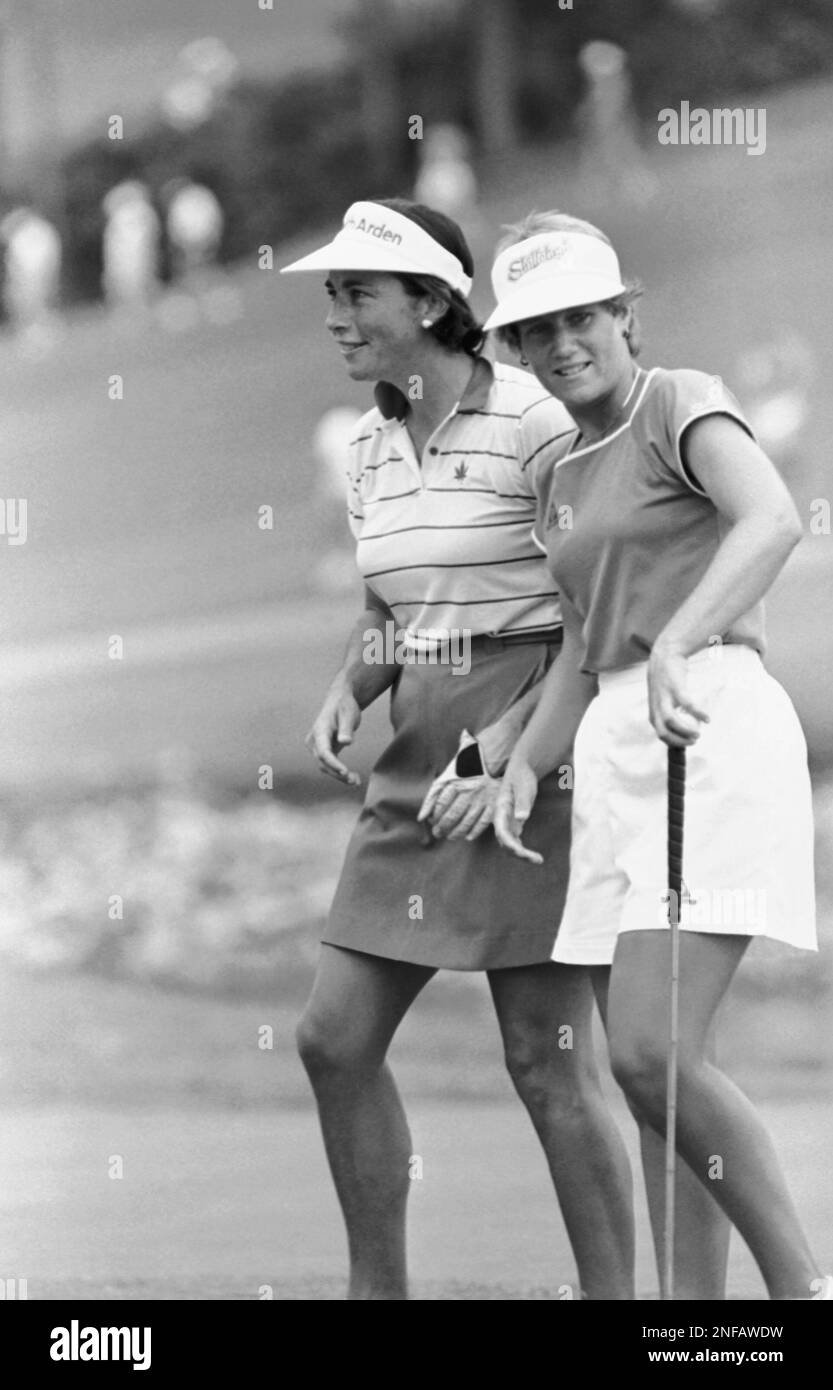 Patty Sheehan, right, and Amy Alcott share a smile as they leave the ...