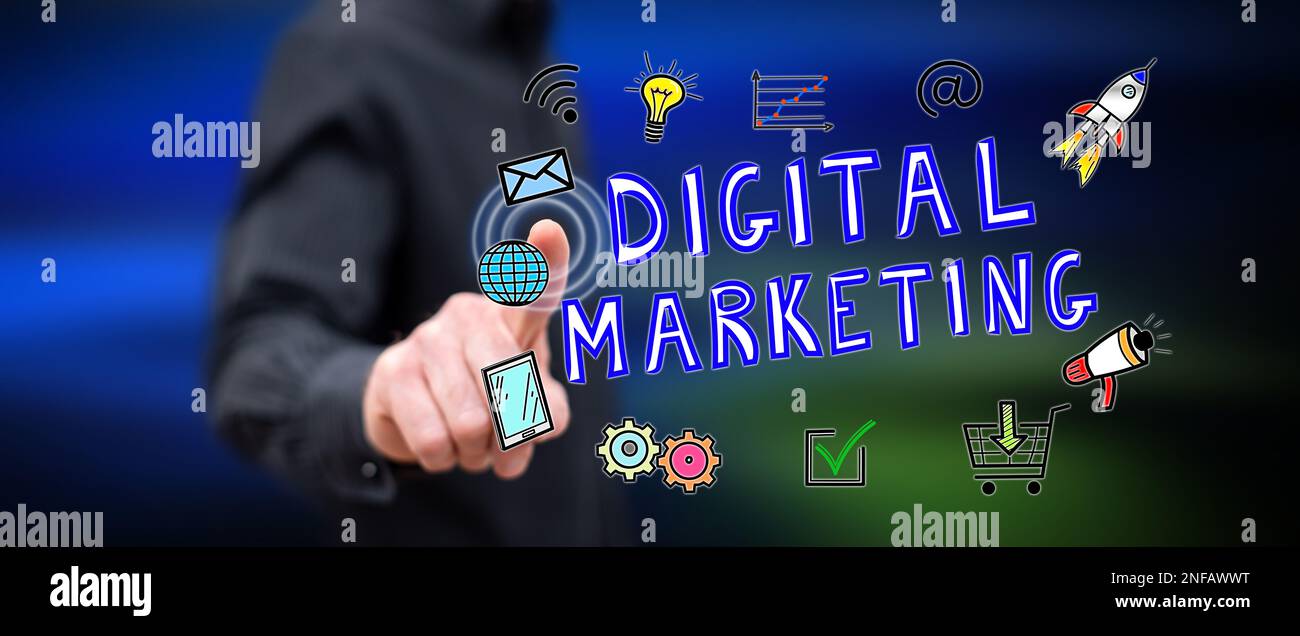 Man touching a digital marketing concept on a touch screen with his ...