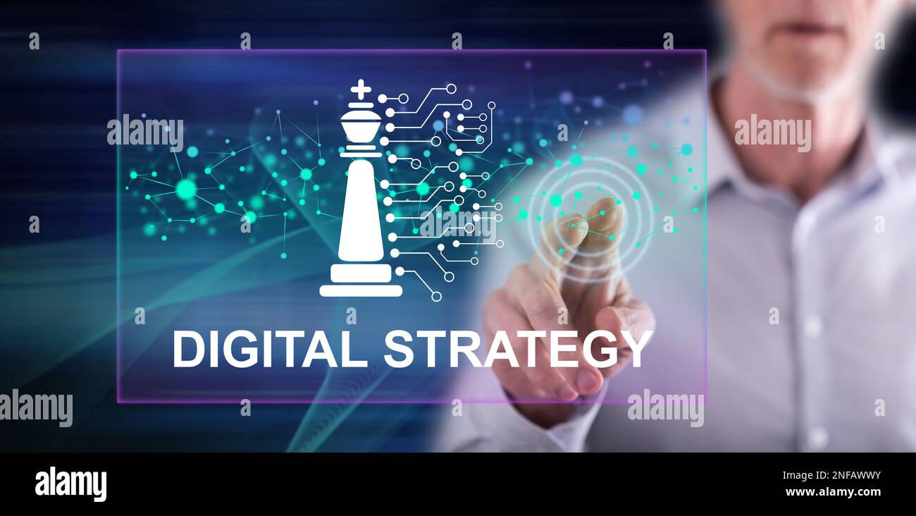 Man touching a digital strategy concept on a touch screen with his ...
