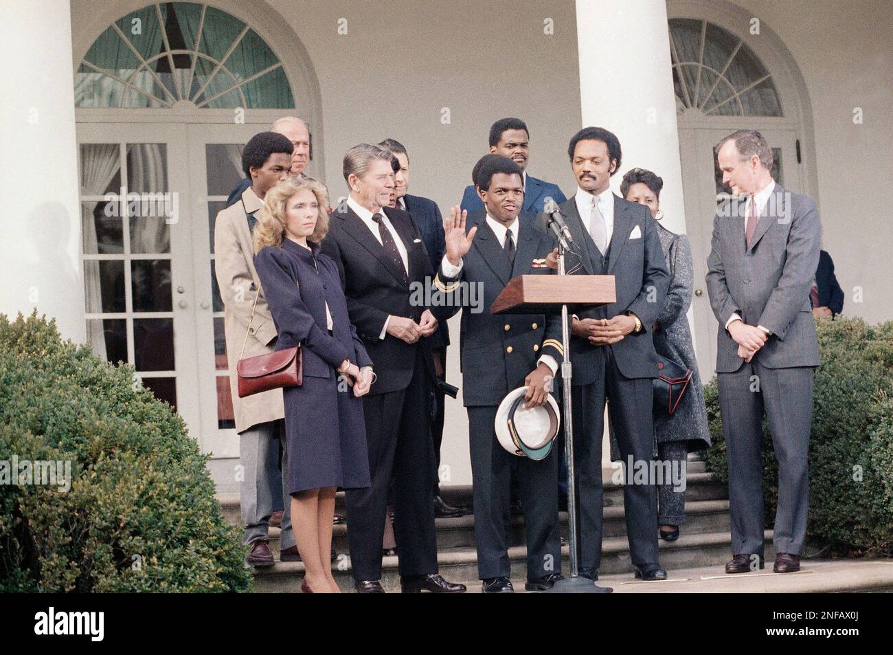 Navy Lt. Robert O. Goodman Jr. speaks at the White House Rose Garden ...