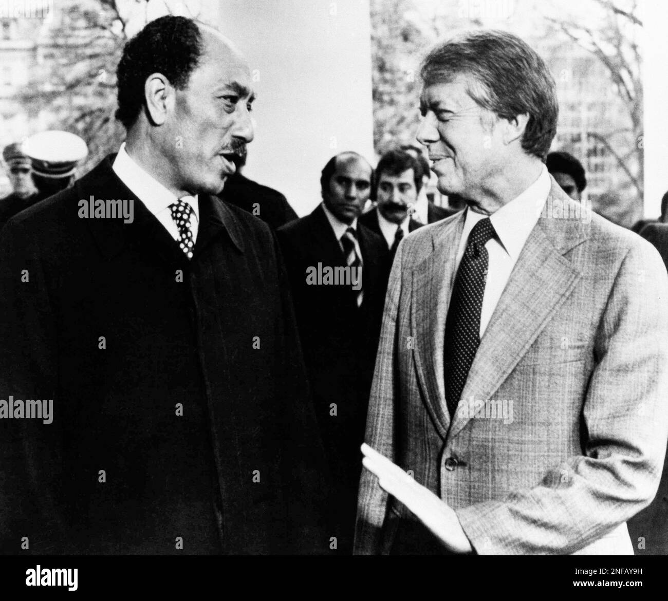 Egyptian President Anwar Sadat, left, and President Jimmy Carter chat ...