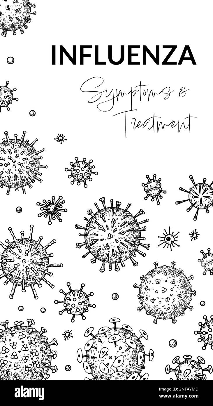 Virus vertical background in sketch style. Hand drawn bacteria, germ ...