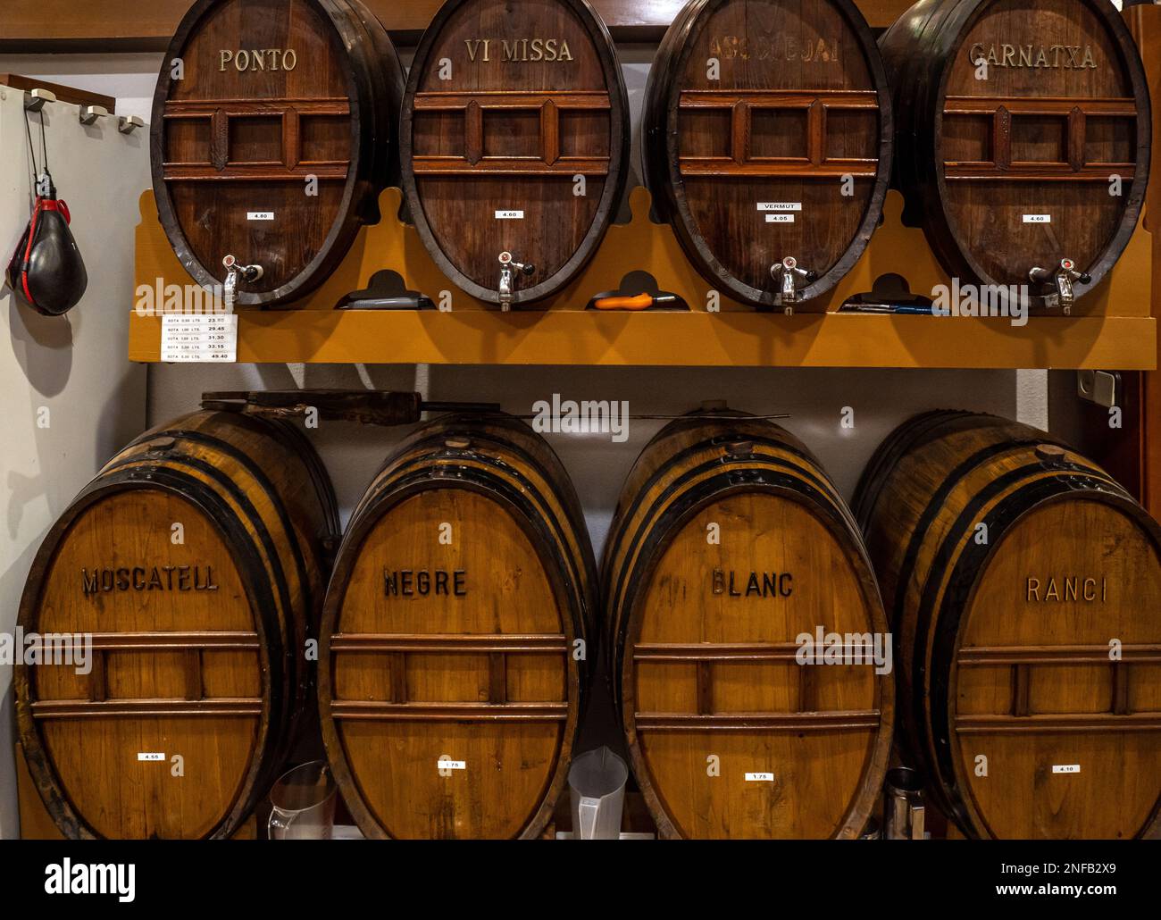 Wooden barrels with taps and with Garnacha, black, white, muscatell ...