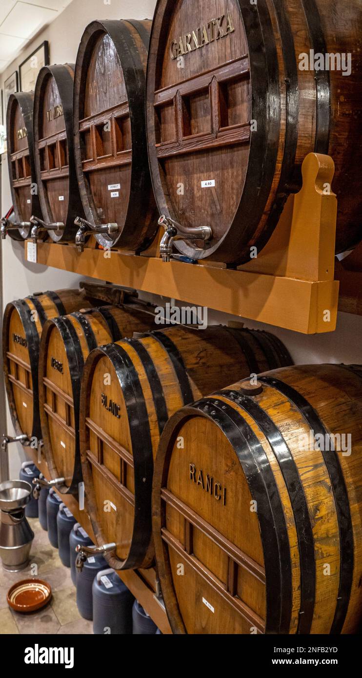 Wooden barrels with taps and with Garnacha, black, white, muscatell ...