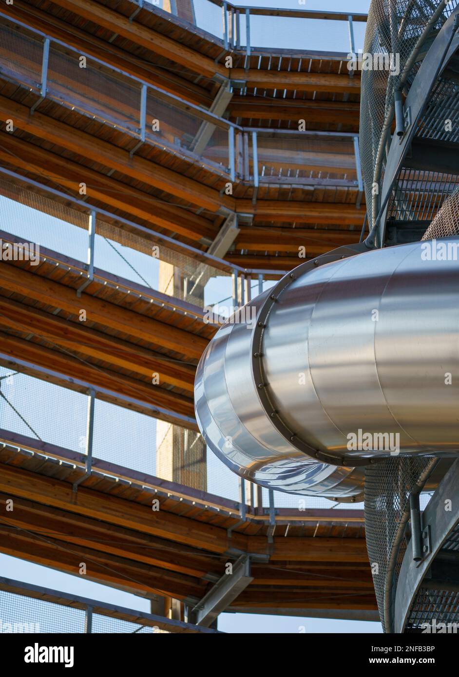 The Malahat Skywalk structure with metal slide and wood walkways Stock ...