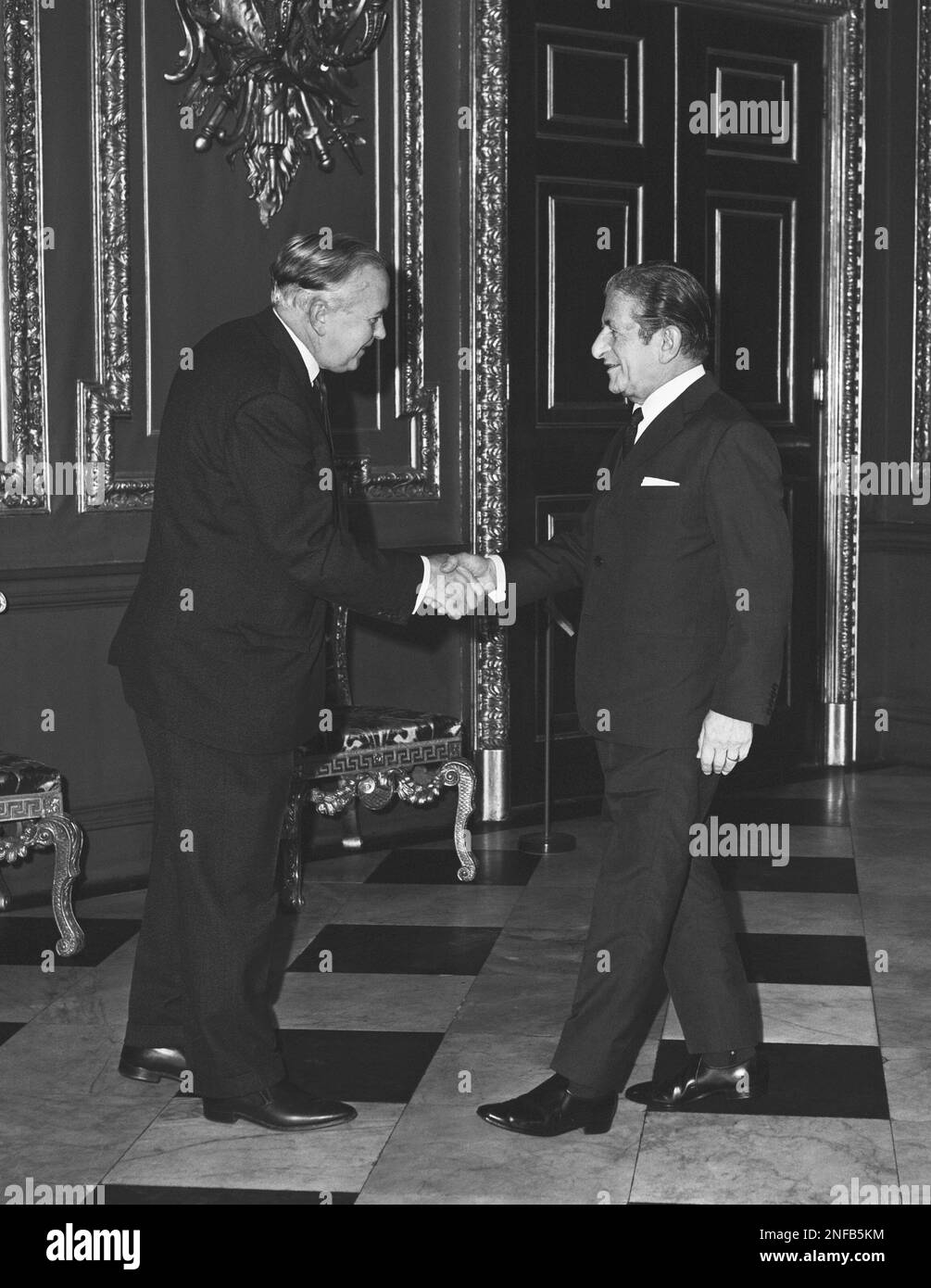 British Prime Minister Harold Wilson, left, shakes hands with Maltese ...