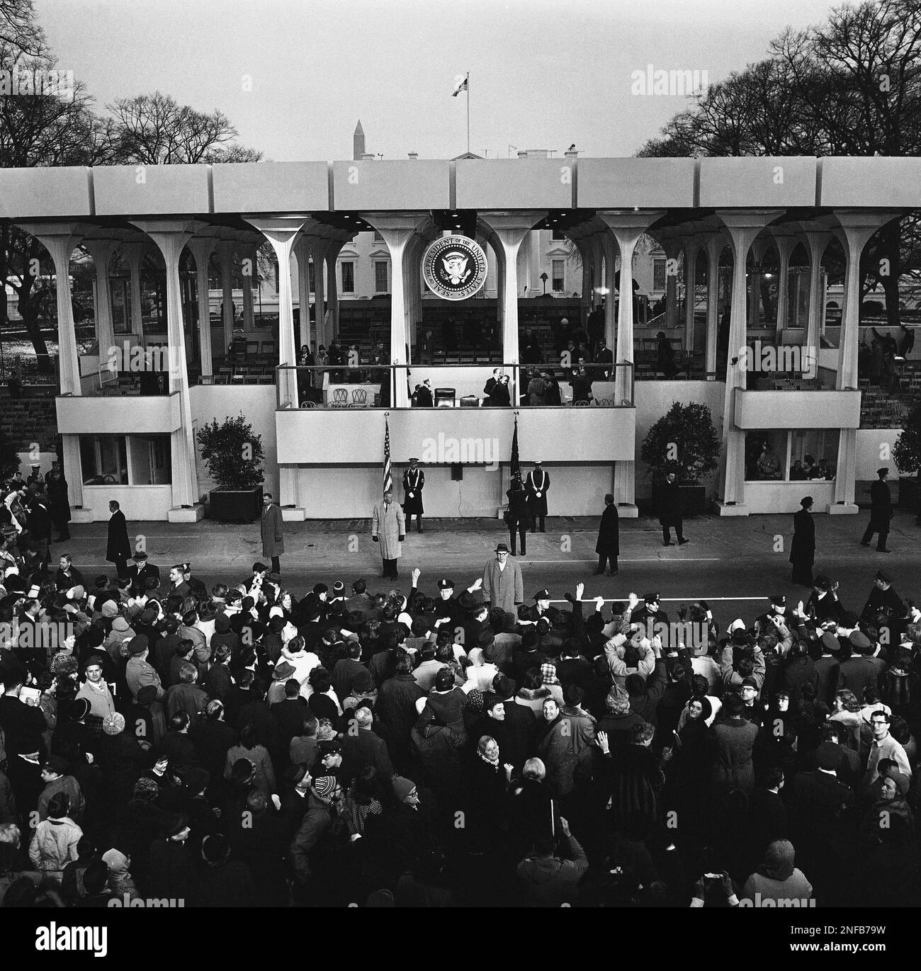 President Lyndon B. Johnson waves goodbye to crowds from the ...