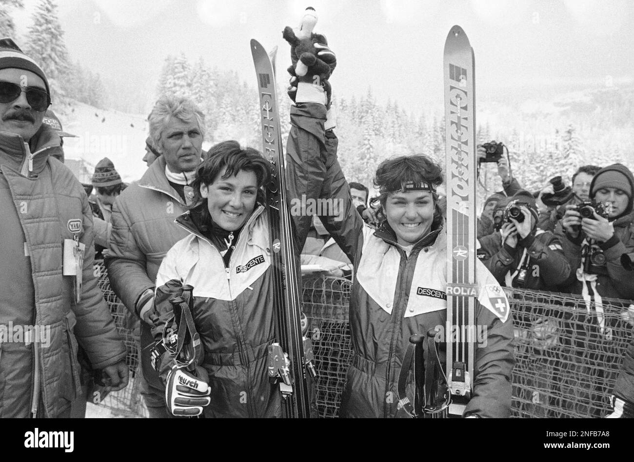 Maria Walliser, left, and Michaela Figini, both of Switzerland, winning ...