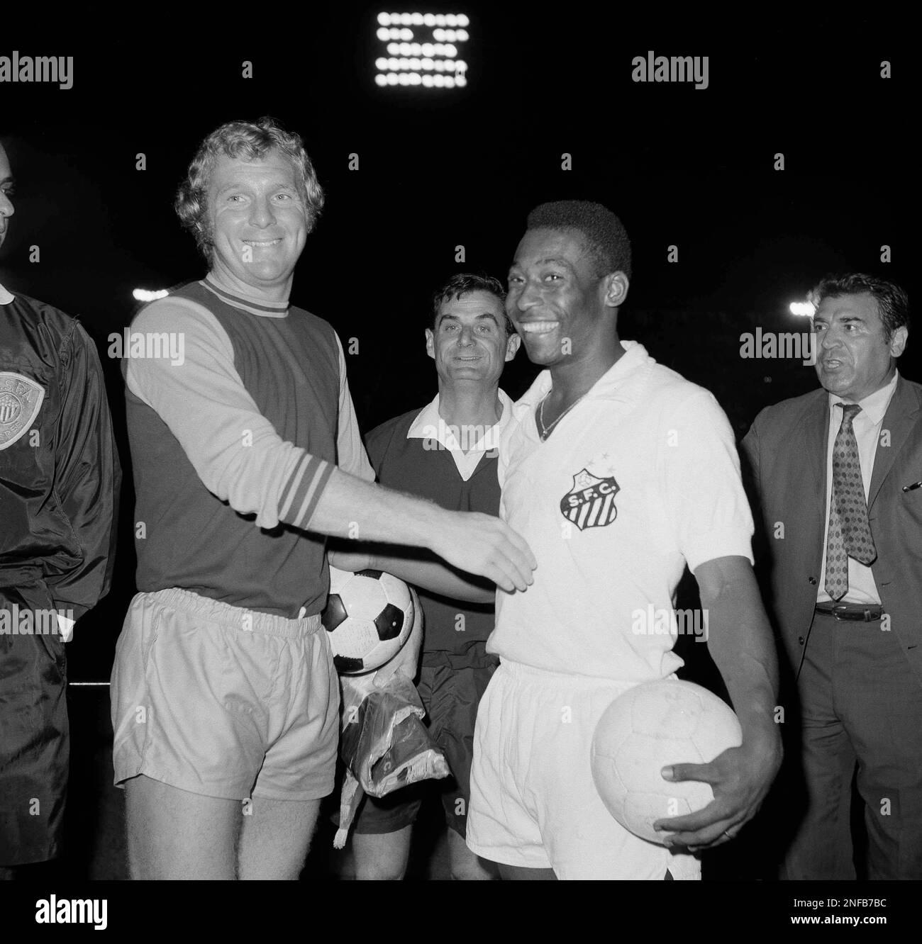 Soccer players Pele and Bobby Moore, left, meet before game on Sept. 22 ...