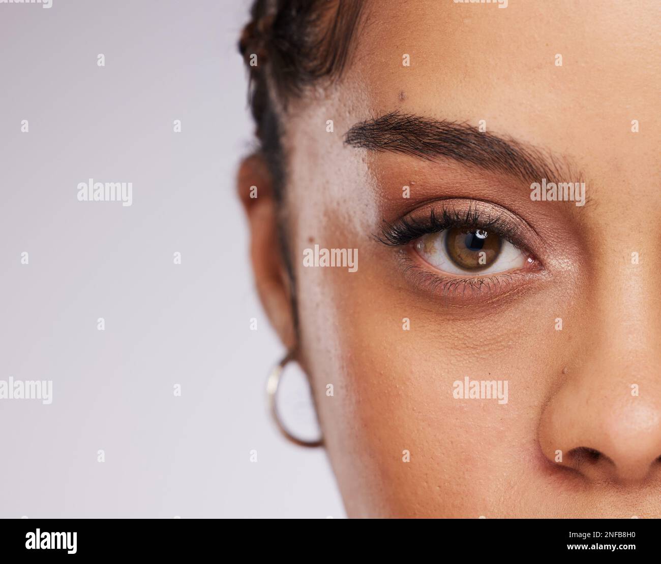 Eye, vision and beauty with contact lens and black woman, care for eyes ...