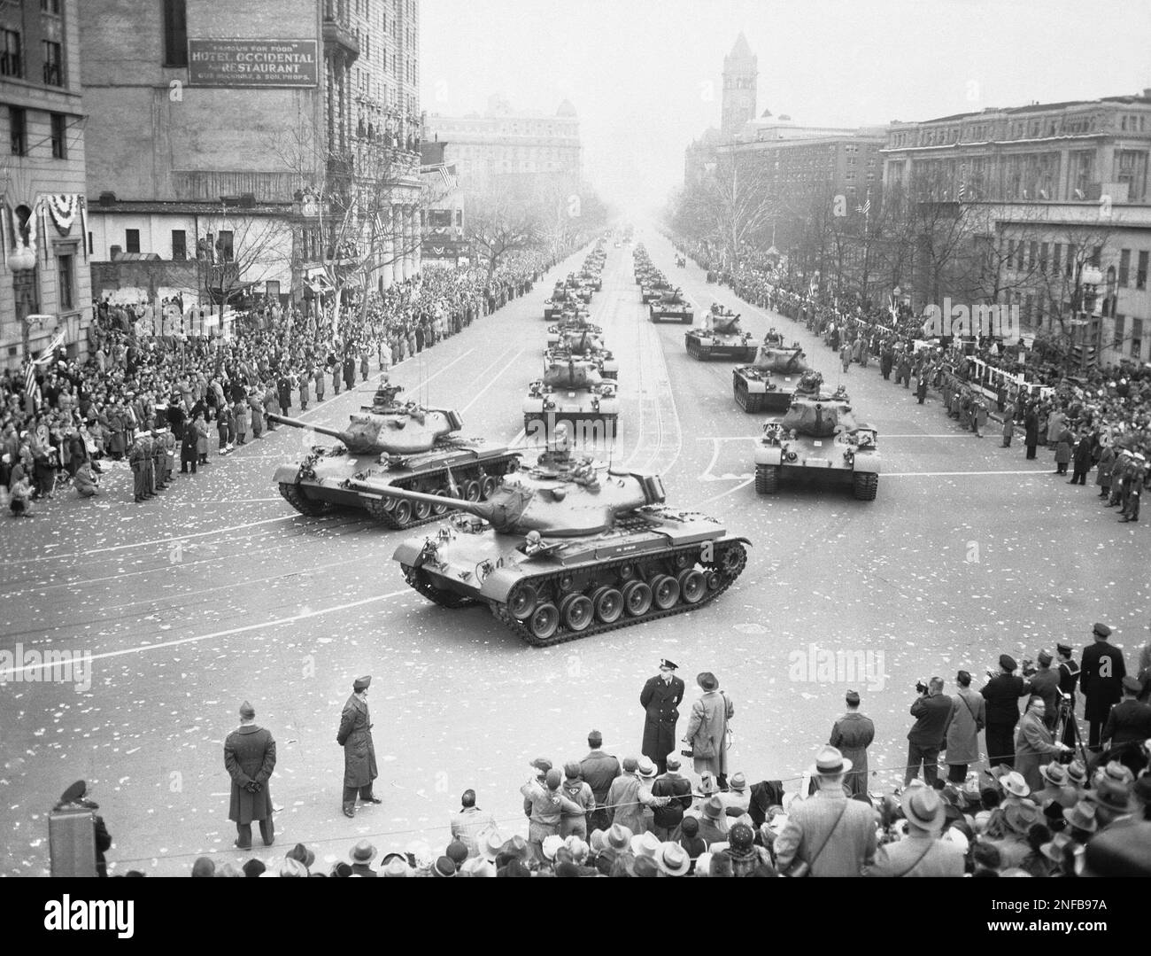 Army medium tanks move along Pennsylvania Avenue between spectator ...
