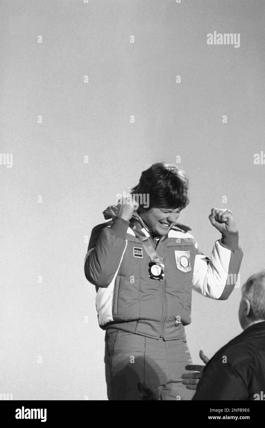 American skier Debbie Armstrong squeezes her fists in a golden moment ...