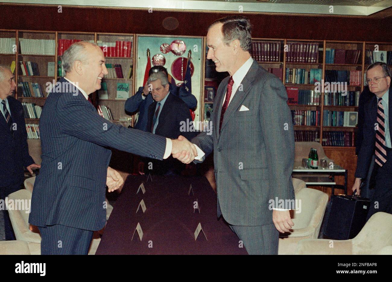 U.S. President George Bush and Soviet President Mikhail Gorbachev shake ...