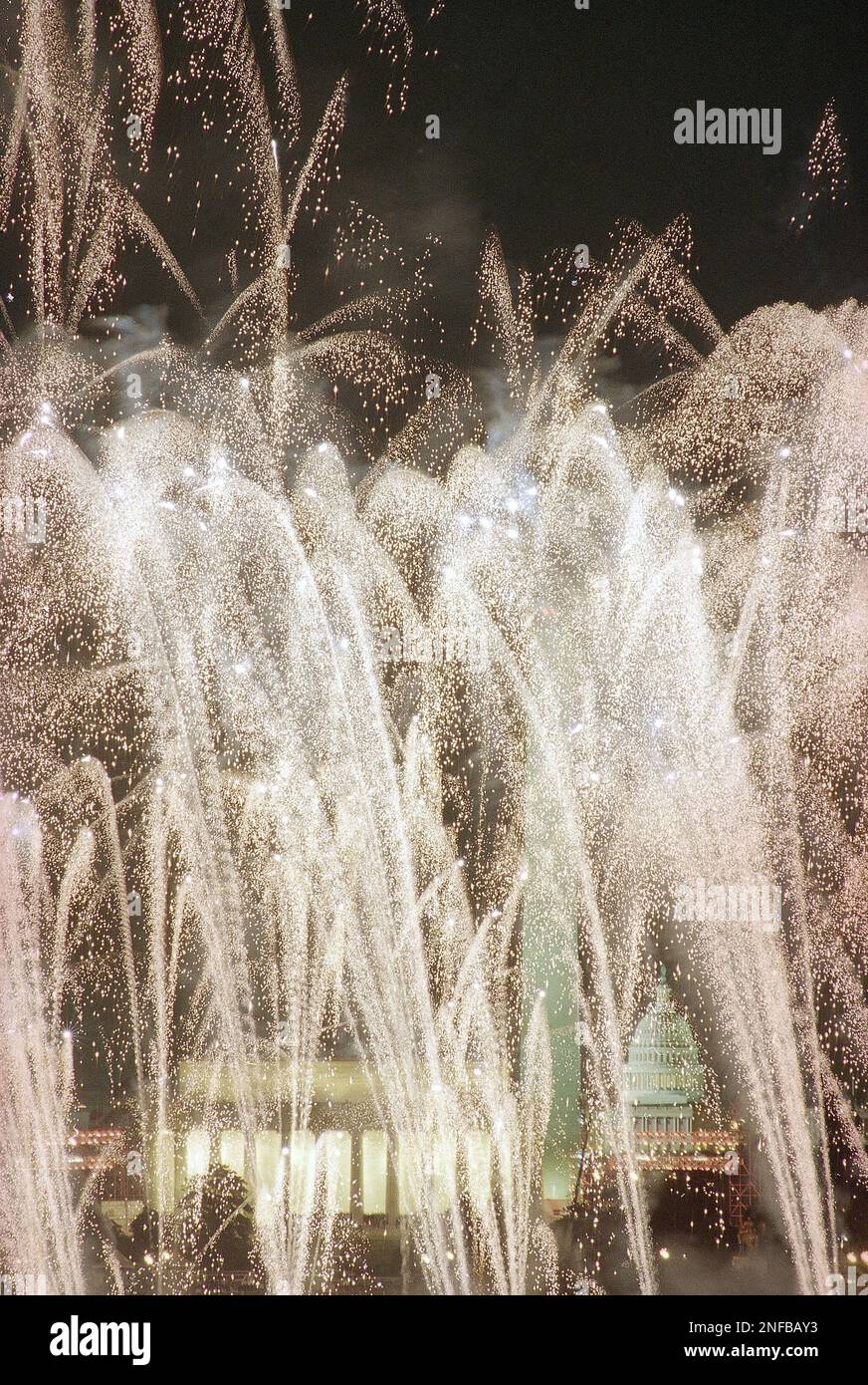 The Lincoln Memorial, Washington Monument and Capitol are seen from Arlington, Va., through ...