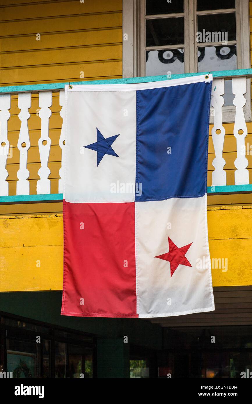 The national flag of Panama hanging over a balcony railing in Mi ...