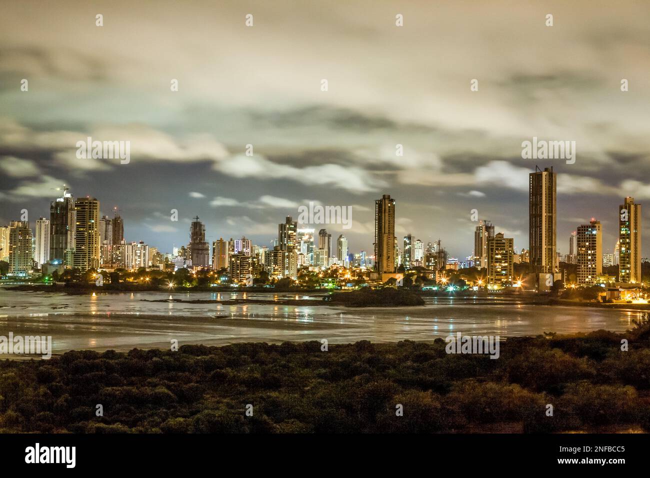 The skyline of Panama City, the capital of Panama, as seen at night ...