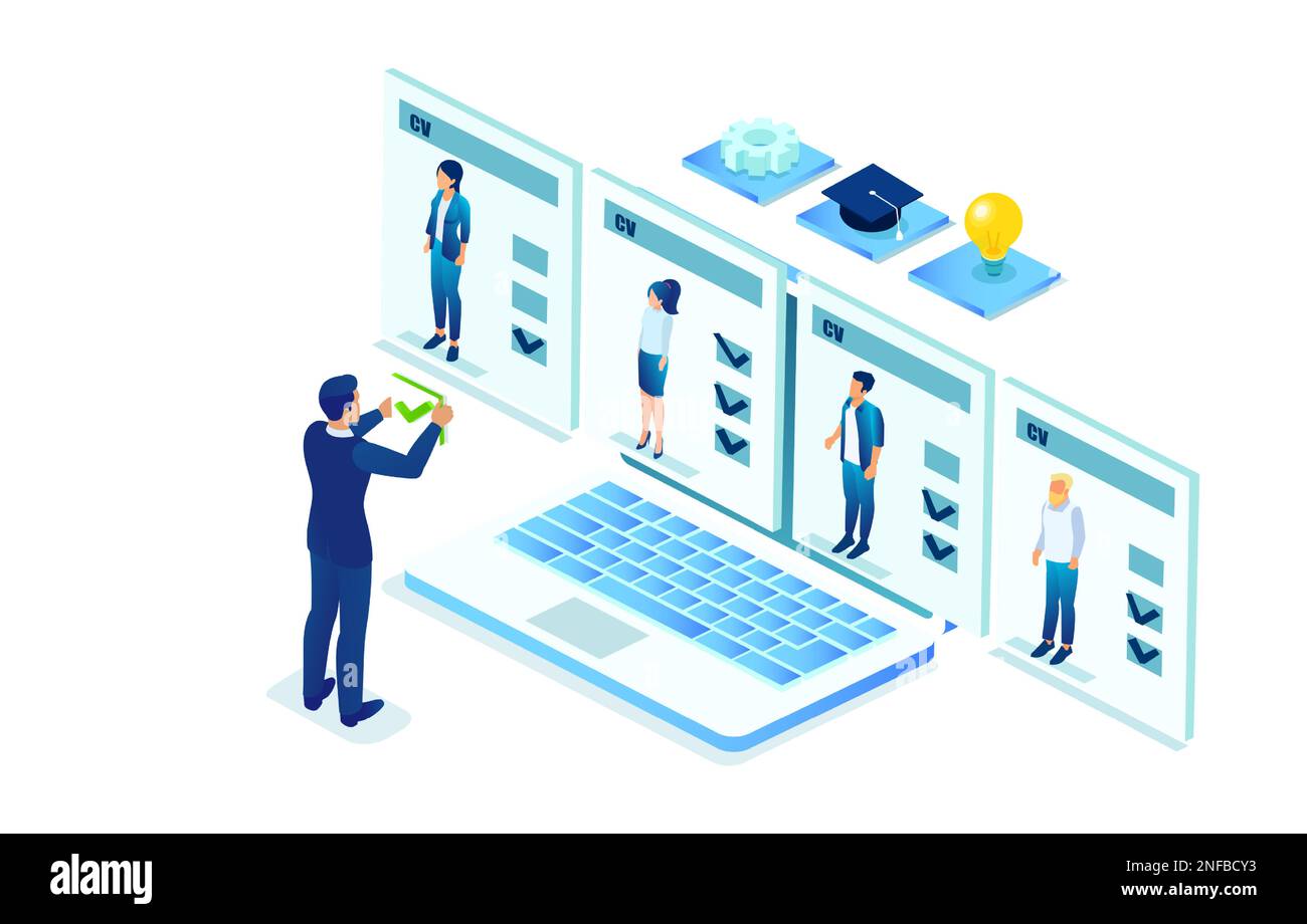Vector of a recruiter reviewing cv of online applications for a job ...