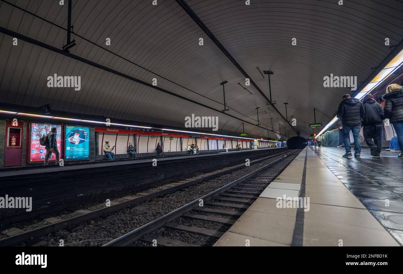 Train tracks and rails of the Barcelona metro or subway station and ...
