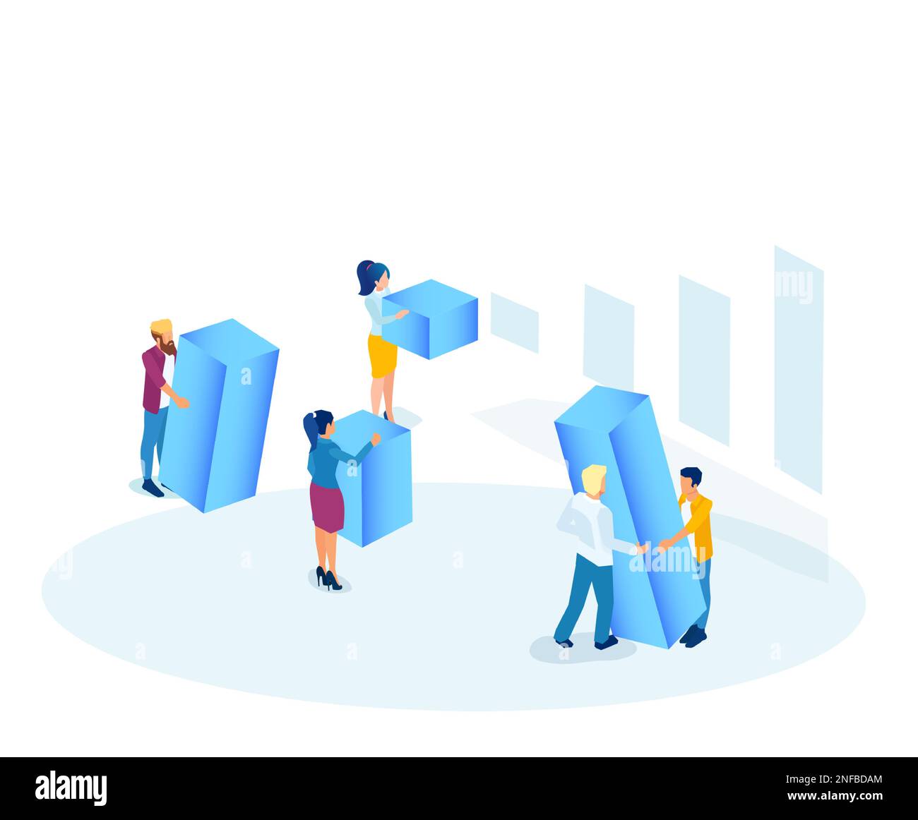 Vector of a business people team assembling graph bars in a growing up ...