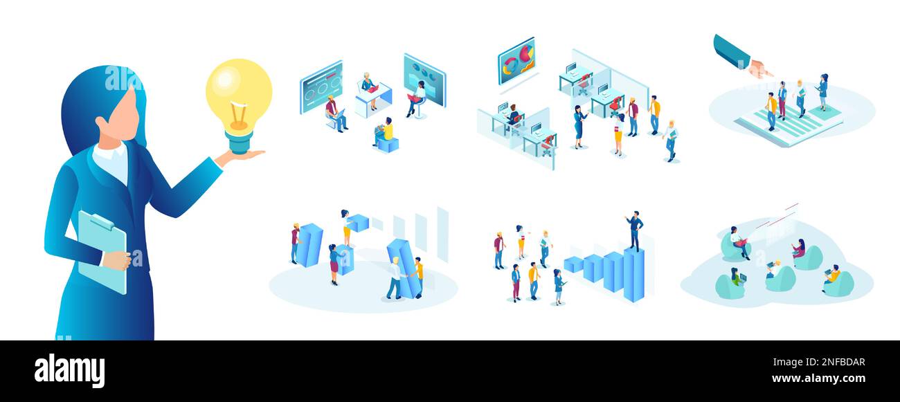 Isometric vector set for business idea, team work, corporate growth ...