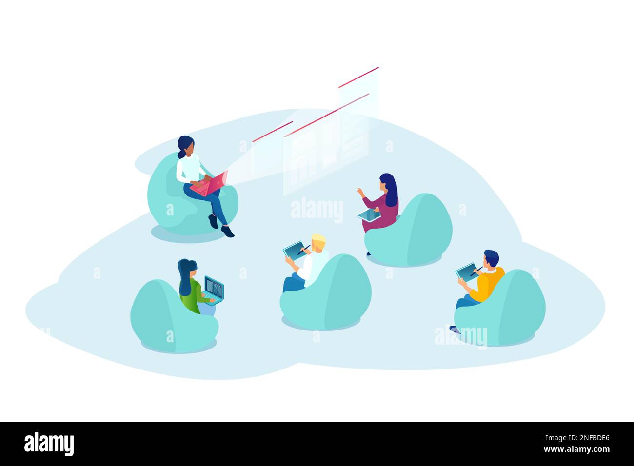 Vector of a group of young people using mobile devices connected via ...