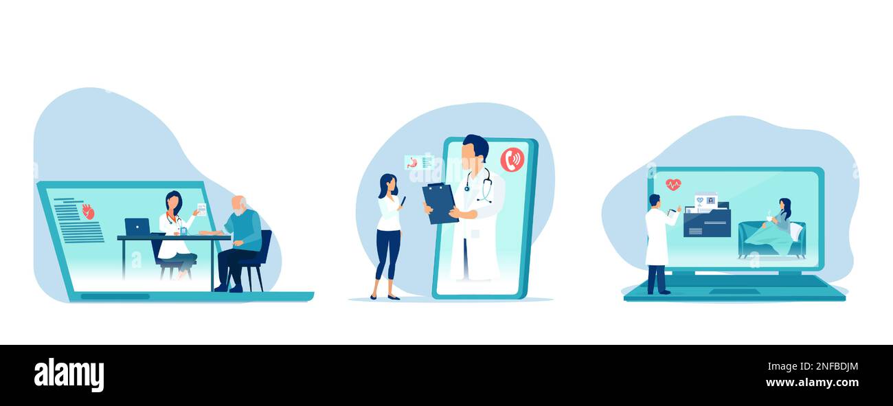 Vector set of patients young and senior having online consultations ...