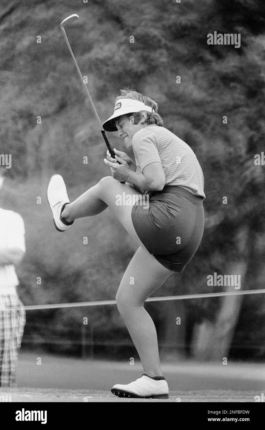 Patty Sheehan grimaces and kicks after missing a putt on the eighth ...