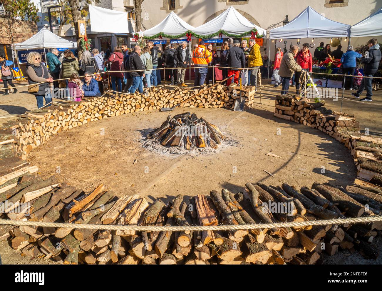 Start of big bonfire coming out smoke with wooden logs in a popular ...